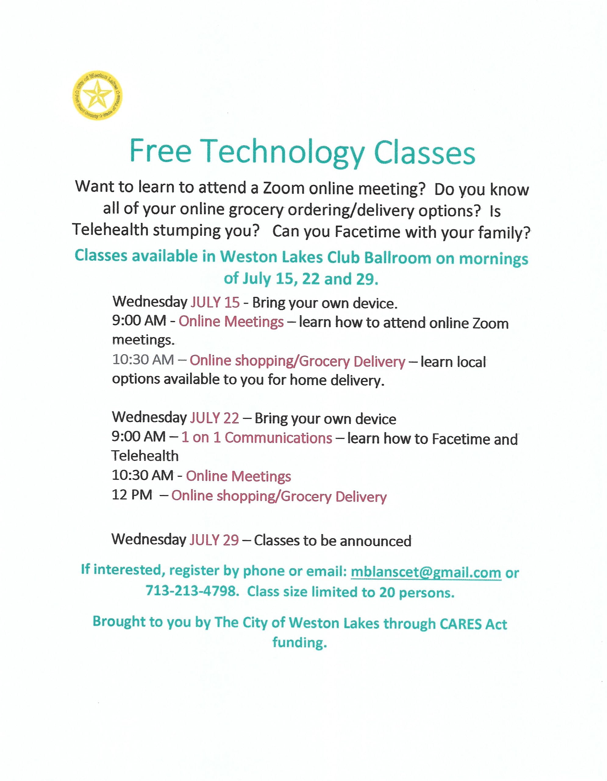 Free Technology Classes | The City of Weston Lakes, Texas